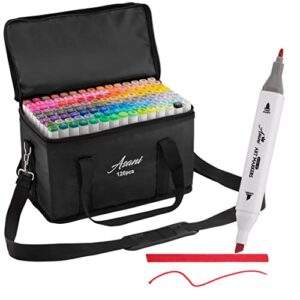 dual tip markers in 120 colors, double sided markers with travel case bag, fine and chisel tip art markers for adult coloring and kids, alcohol based marker pens for drawing, calligraphy, writing