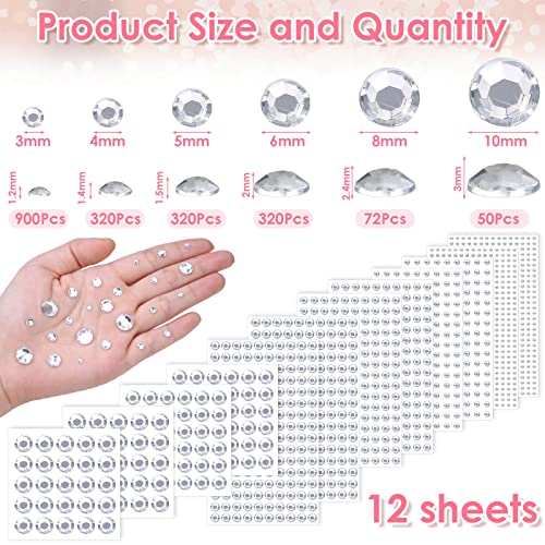 1980Pcs Self Adhesive Rhinestones Stickers, Shynek Stick on Rhinestone Gems face Jewels for Hair, Face, Makeup, Crafts, 6 Sizes