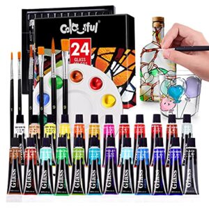 colorful stain glass paint set with 6 brushes, 1 palette, 24 color waterproof acrylic enamel painting kit for kids to arts on transparent wine glasses, light bulbs, porcelain, windows and ceramics