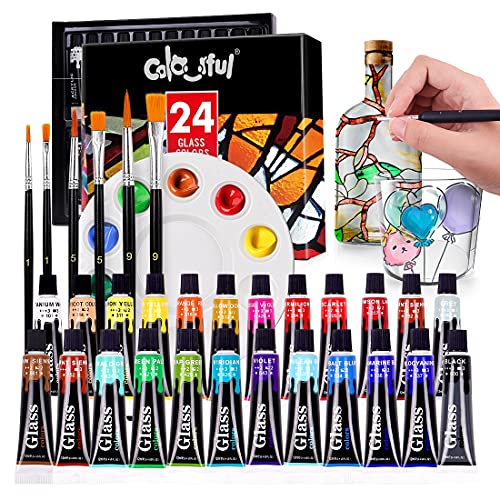 Colorful Stain Glass Paint Set with 6 Brushes, 1 Palette, 24 Color Waterproof Acrylic Enamel Painting Kit for Kids to Arts on Transparent Wine Glasses, Light Bulbs, Porcelain, Windows and Ceramics