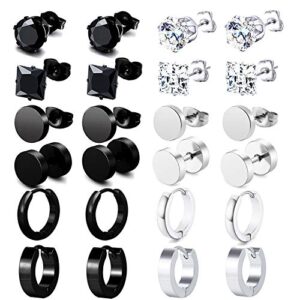 k&q 12 pairs stainless steel cz stud earrings hoop earrings set huggie hoop ear piercing for woman/ men/ teen girls and boys gift