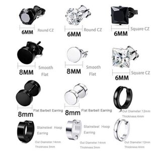 K&Q 12 Pairs Stainless Steel CZ Stud Earrings Hoop Earrings Set Huggie Hoop Ear Piercing for Woman/ Men/ Teen Girls and Boys Gift