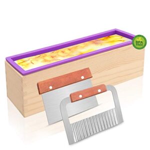 silicone soap mold – flexible rectangular loaf mold comes with wood box, stainless steel wavy + straight scraper for soaps making