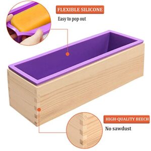 Silicone Soap Mold - Flexible Rectangular Loaf Mold Comes with Wood Box, Stainless Steel Wavy + Straight Scraper for Soaps Making