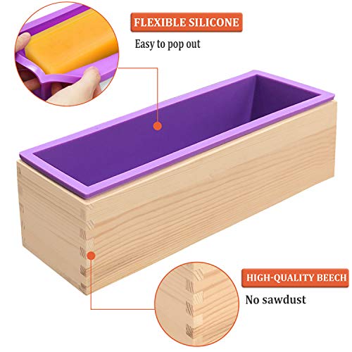 Silicone Soap Mold - Flexible Rectangular Loaf Mold Comes with Wood Box, Stainless Steel Wavy + Straight Scraper for Soaps Making