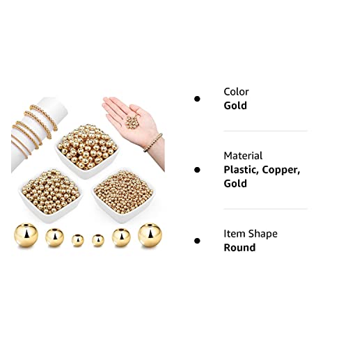 1200 Pieces Beads Ball Round Beads Beaded Spacer Beads Seamless Smooth Loose Ball Beads for Stackable Bracelet Jewelry Craft Making, 8 mm, 6 mm, 4 mm (Gold)