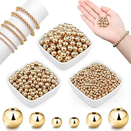 1200 Pieces Beads Ball Round Beads Beaded Spacer Beads Seamless Smooth Loose Ball Beads for Stackable Bracelet Jewelry Craft Making, 8 mm, 6 mm, 4 mm (Gold)