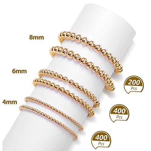 1200 Pieces Beads Ball Round Beads Beaded Spacer Beads Seamless Smooth Loose Ball Beads for Stackable Bracelet Jewelry Craft Making, 8 mm, 6 mm, 4 mm (Gold)