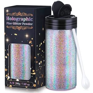 fine holographic glitter iridescent silver glitter powder, multipurpose laser silver fine glitter bulk makeup glitter metallic resin glitter for tumblers slime craft nail body face hair (7.05oz,200g)