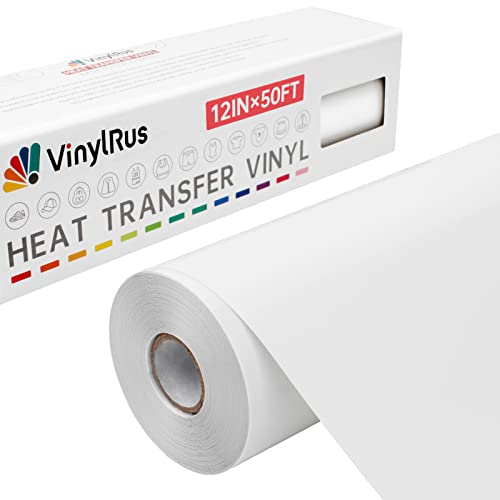 VinylRus Heat Transfer Vinyl-12” x 50ft White Iron on Vinyl Roll for Shirts, HTV Vinyl for Silhouette Cameo, Cricut, Easy to Cut & Weed