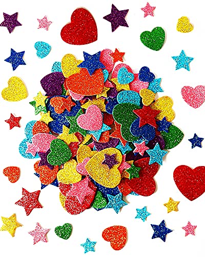 450 Pieces Colorful Glitter Foam Stickers Self Adhesive Stars Mini Heart Shapes Glitter Stickers, Kid's Arts Craft Supplies Greeting Cards Stars Shapes Foam Stickers