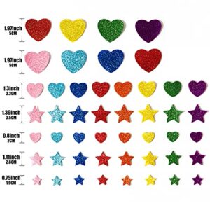 450 Pieces Colorful Glitter Foam Stickers Self Adhesive Stars Mini Heart Shapes Glitter Stickers, Kid's Arts Craft Supplies Greeting Cards Stars Shapes Foam Stickers