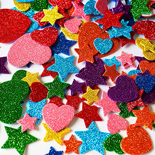 450 Pieces Colorful Glitter Foam Stickers Self Adhesive Stars Mini Heart Shapes Glitter Stickers, Kid's Arts Craft Supplies Greeting Cards Stars Shapes Foam Stickers