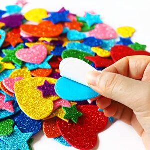 450 Pieces Colorful Glitter Foam Stickers Self Adhesive Stars Mini Heart Shapes Glitter Stickers, Kid's Arts Craft Supplies Greeting Cards Stars Shapes Foam Stickers