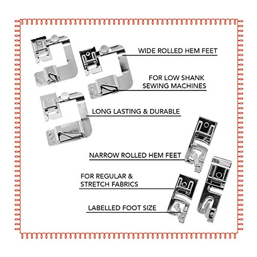 Rolled Hem Presser Foot [6 Sizes] Wide Rolled Hem Foot Set & Narrow Foot Hemmer Set For Brother, Singer & Janome Low Shank Sewing Machines. Hemming Pressure Feet With Distinctive Wide and Narrow Sizes