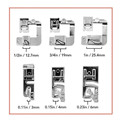 Rolled Hem Presser Foot [6 Sizes] Wide Rolled Hem Foot Set & Narrow Foot Hemmer Set For Brother, Singer & Janome Low Shank Sewing Machines. Hemming Pressure Feet With Distinctive Wide and Narrow Sizes