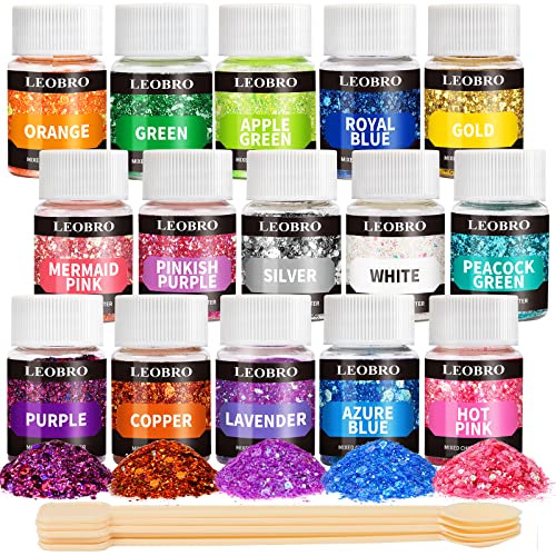 Holographic Chunky Glitter, 15 Colors Craft Glitter for Resin, with 5PCS Mixing Spoon, LEOBRO Cosmetic Glitter for Nail Body Eye Face, Resin Glitter Flakes Sequins for Tumbler Jewelry Crafts Making