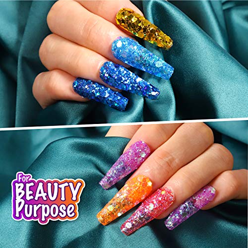 Holographic Chunky Glitter, 15 Colors Craft Glitter for Resin, with 5PCS Mixing Spoon, LEOBRO Cosmetic Glitter for Nail Body Eye Face, Resin Glitter Flakes Sequins for Tumbler Jewelry Crafts Making