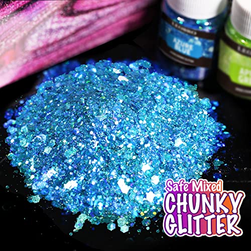 Holographic Chunky Glitter, 15 Colors Craft Glitter for Resin, with 5PCS Mixing Spoon, LEOBRO Cosmetic Glitter for Nail Body Eye Face, Resin Glitter Flakes Sequins for Tumbler Jewelry Crafts Making