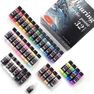 acrylic pouring paint of 36 bottles (2 oz/60ml),32 assorted colors set to pre-mixed high flow acrylic paint pouring supplies for canvas glass paper wood tile and stones, complete paint pouring kit