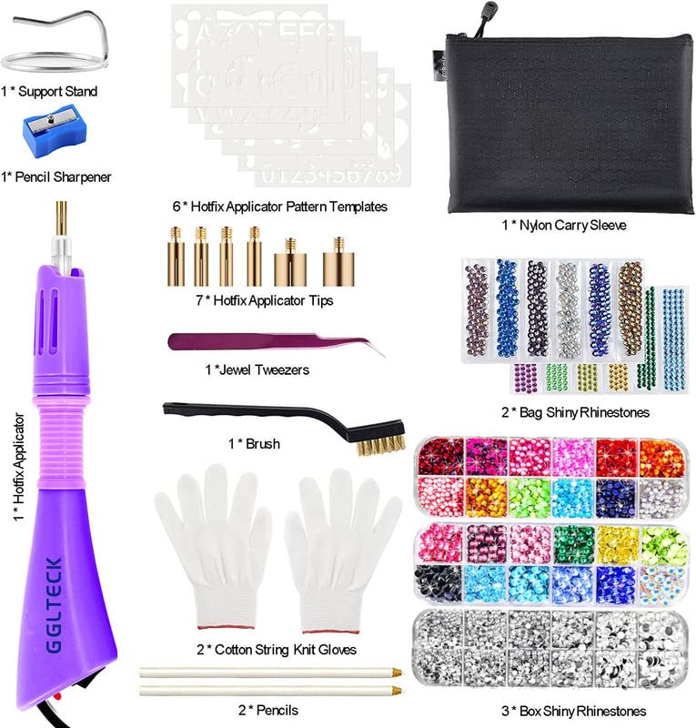 GLTECK Hotfix Applicator, Bedazzler Kit with 5784 PCS Rhinestones for Crafts, DIY Hot Fix Rhinestone Applicator Wand Setter Tool with 7 Tips, 6 Pattern Templates, Gloves, Tweezers & Cleaning Brush