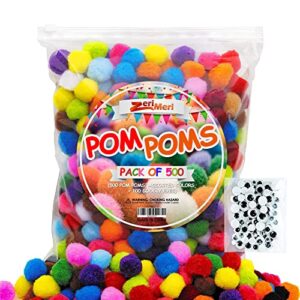 zerimeri [600 pcs] pom poms arts and crafts – 500 1 inch polypropylene rainbow pompoms with 100 google eyes for craft – child & pet-friendly pom pom balls for crafts