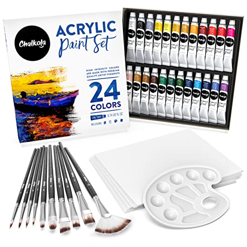 Chalkola Acrylic Paint Set for Adults, Kids & Artists - 40 Piece Acrylic Painting Supplies Kit, with 24 Acrylic Paints (22ml), 10 Painting Brushes, 5 Canvas for Acrylic Painting (8x10) & 1 Palette