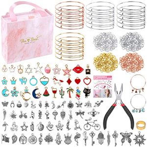 thrilez 300pcs bangle bracelets making kit, charm bracelet making kit with expandable bangles, charms, jump rings and pliers for jewelry making bangle bracelets (with gift box and tools)