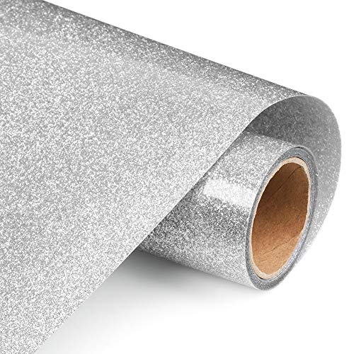 TransWonder Silver Glitter HTV S Glitter Heat Transfer Vinyl - 12in.x5ft Glitter Iron on Vinyl for Cricut T Shirts Gifts for Easter (Silver)