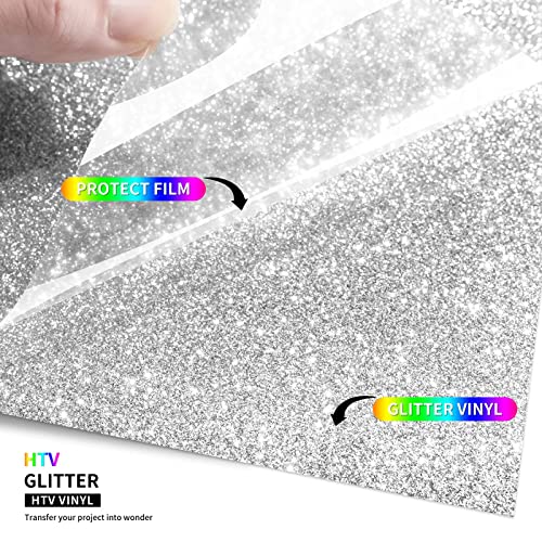 TransWonder Silver Glitter HTV S Glitter Heat Transfer Vinyl - 12in.x5ft Glitter Iron on Vinyl for Cricut T Shirts Gifts for Easter (Silver)