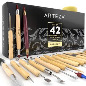 arteza pottery & polymer clay tools, 42-piece sculpting set, steel tip tools with wooden handles, for pottery modeling, smoothing, carving & ceramics