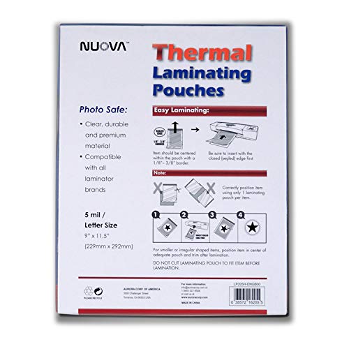 Nuova 200-Pack, 5 Mil Thermal Laminating Pouches 9 x 11.5 Inches, Letter Size (LP205H)