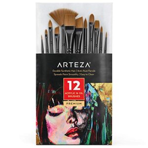 arteza paint brushes, set of 12, premium synthetic acrylic & oil paint brushes with brass ferrules & wooden birch handles, painting art supplies for beginners and experts