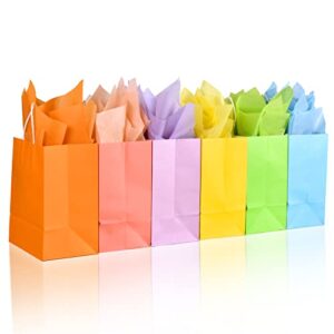 gift bags with tissue paper, 24 pack small medium size gift wrapping paper bags with handle in bulk cute solid rainbow colorful plain little medium kraft goodies bags set return party favor present bags for kids baby happy birthday (small)