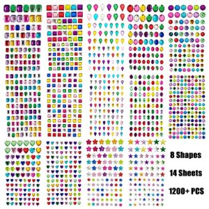 1200+ PCS Self Adhesive Gems Stickers,14 Sheets Rhinestone Stickers for DIY Craft,8 Shapes Sparkle Jewels for Nail Body Makeup Festival