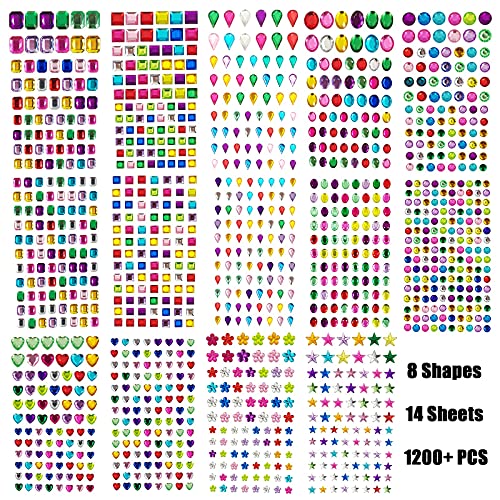 1200+ PCS Self Adhesive Gems Stickers,14 Sheets Rhinestone Stickers for DIY Craft,8 Shapes Sparkle Jewels for Nail Body Makeup Festival