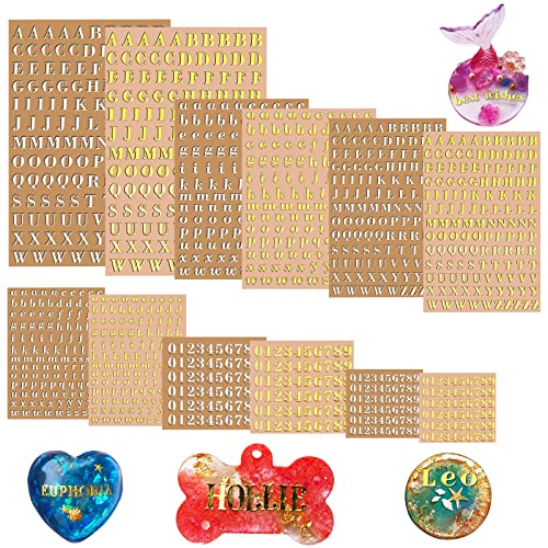 Letter Resin Stickers, AIERSA Small Letter Stickers for Resin Scrapbook Supplies, Alloy Alphabet Number Stickers, Self Adhesive, Glitter Gold and Silver, 3mm and 4.5mm Tall, 12 Sheets