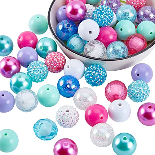 PH PandaHall 50pcs Chunk Beads, 20mm Bubblegum Beads Colorful Large Rhinestone Pearl Beads Loose Beads Round Spacer Beads for Jewelry Bracelet Necklace Pen Bag Chain Making Crafts Supplies