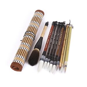 Shanlian Hubi Writing Brush Chinese Calligraphy Brush Set Kanji Japanese Sumi Painting Drawing Brushes 10 Piece/Set+Roll-up Bamboo Brush Holder