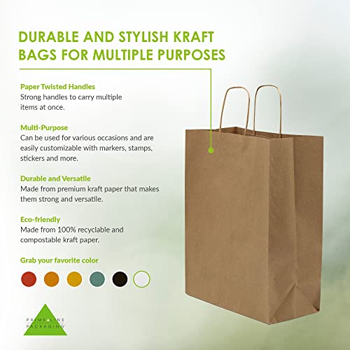 Prime Line Packaging - 8x4x10 Inch 100 Pack Kraft Paper Bags, Brown Gift Bags with Handles, Small Craft Shopping Bags in Bulk for Boutiques, Small Business, Retail Stores, Gifts & Merchandise