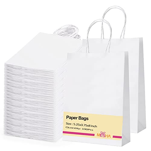 MESHA White Paper Bags with Handles,100 Pcs Kraft Paper Bags for Small Business; 5.25x3.75x8 White Small Gift Bags with Handles Bulk,Premium Paper Gift Bags,small Paper shopping bags，