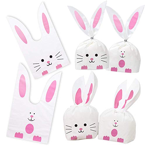 100PCS Cute Rabbit Long Ear Candy Gift Bags, Easter Goodie Bags Bunny Cookie Snack Bag Packaging Cookie Supplies