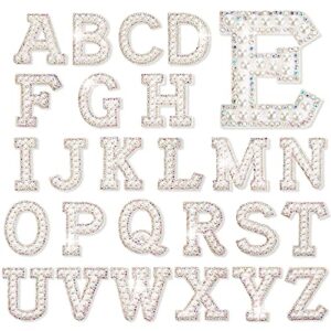 26 piece pearl iron on letter a-z white rhinestone pearl bling letter patch glitter sew on alphabet applique rhinestone pearl english letter for diy craft supplies(white,1.85 inch high)