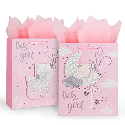 12.6" Large Baby Shower Birthday Gift Bags for Girl with Tissue Papers 2-Pack (Pink)