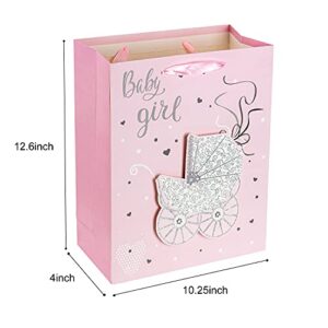 12.6" Large Baby Shower Birthday Gift Bags for Girl with Tissue Papers 2-Pack (Pink)