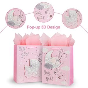 12.6" Large Baby Shower Birthday Gift Bags for Girl with Tissue Papers 2-Pack (Pink)