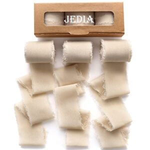 jedia chiffon ribbon, 3 rolls champagne beige handmade fringe chiffon silk ribbons, 1.5″ x 7yd chiffon ribbon set for gift wrapping, wedding invitations, bouquet wrap, bridal bouquets, diy crafts