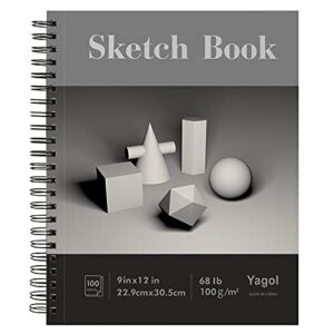 yagol sketchbook 9×12 inch 100 sheets 68lb/100gsm, sketch pad with spiral-bound art paper for drawing and painting for pencils, charcoal, dry media