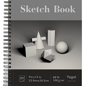 Yagol Sketchbook 9x12 Inch 100 Sheets 68LB/100GSM, Sketch Pad with Spiral-Bound Art Paper for Drawing and Painting for Pencils, Charcoal, Dry Media