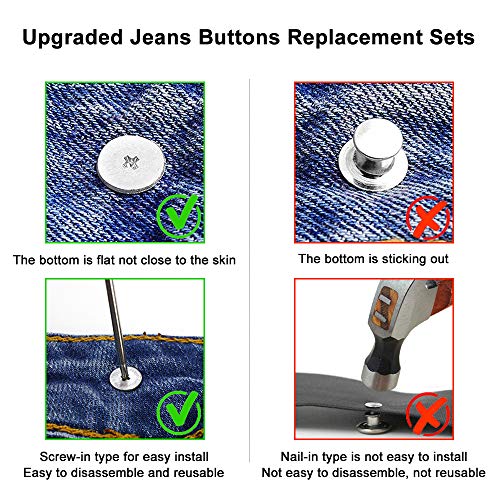 15 Sets Replacement Jeans Buttons, 17mm No-Sew Nailess Removable Metal Jeans Button Replacement Repair Combo Thread Rivets and Screwdrivers